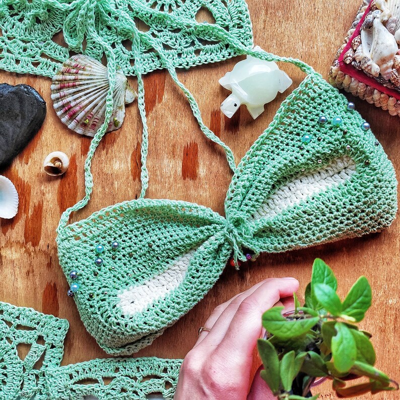 Vintage Lingerie Set G String Bikini Handmade Crochet Mint Etsy Hot